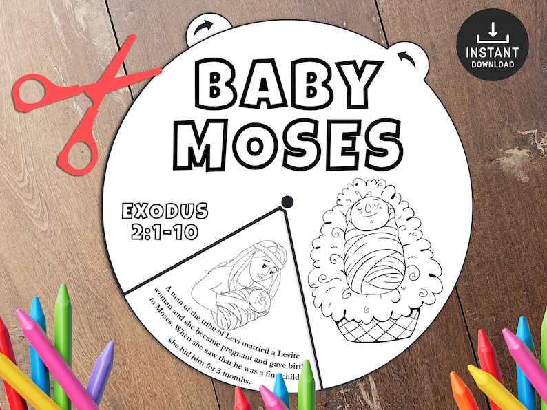 Baby Moses Coloring Wheel, Printable Bible Activity, Watercolor, Kids ...