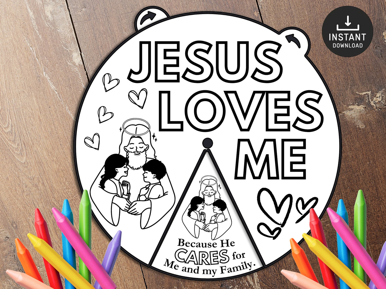 Jesus Loves Me Coloring Wheel, Printable Bible Activity, Watercolor ...