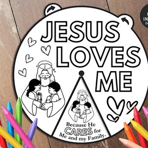 Jesus Loves Me Coloring Wheel, Printable Bible Activity, Watercolor ...