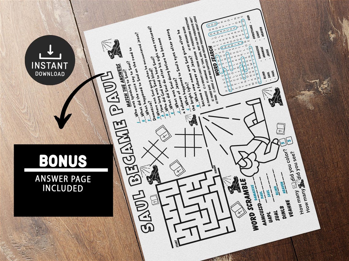 Saul Becomes Paul Activity Placemat, Bible Activity, Sunday School ...
