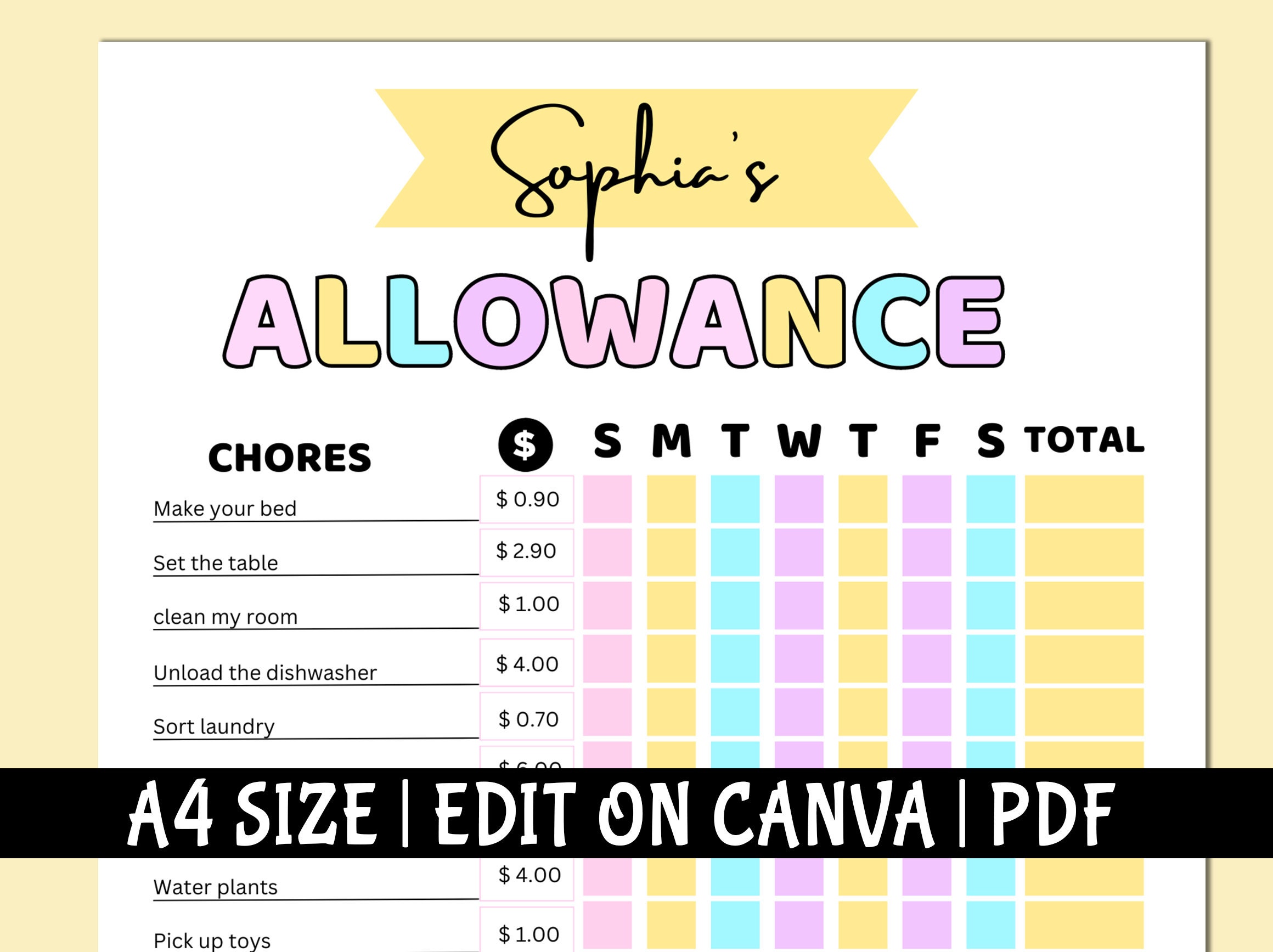 Editable Allowance Tracker Kids | Earn Money Chart | Daily Weekly ...