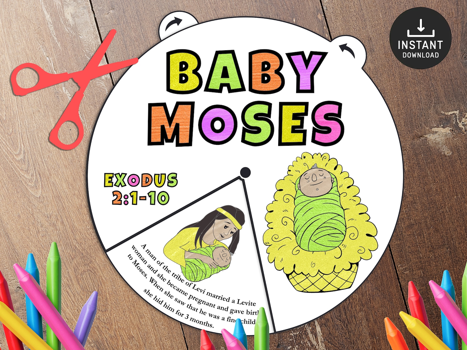 Baby Moses Coloring Wheel, Printable Bible Activity, Watercolor, Kids ...