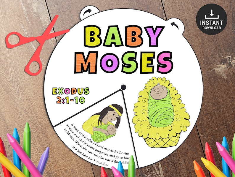 Baby Moses Coloring Wheel, Printable Bible Activity, Watercolor, Kids ...