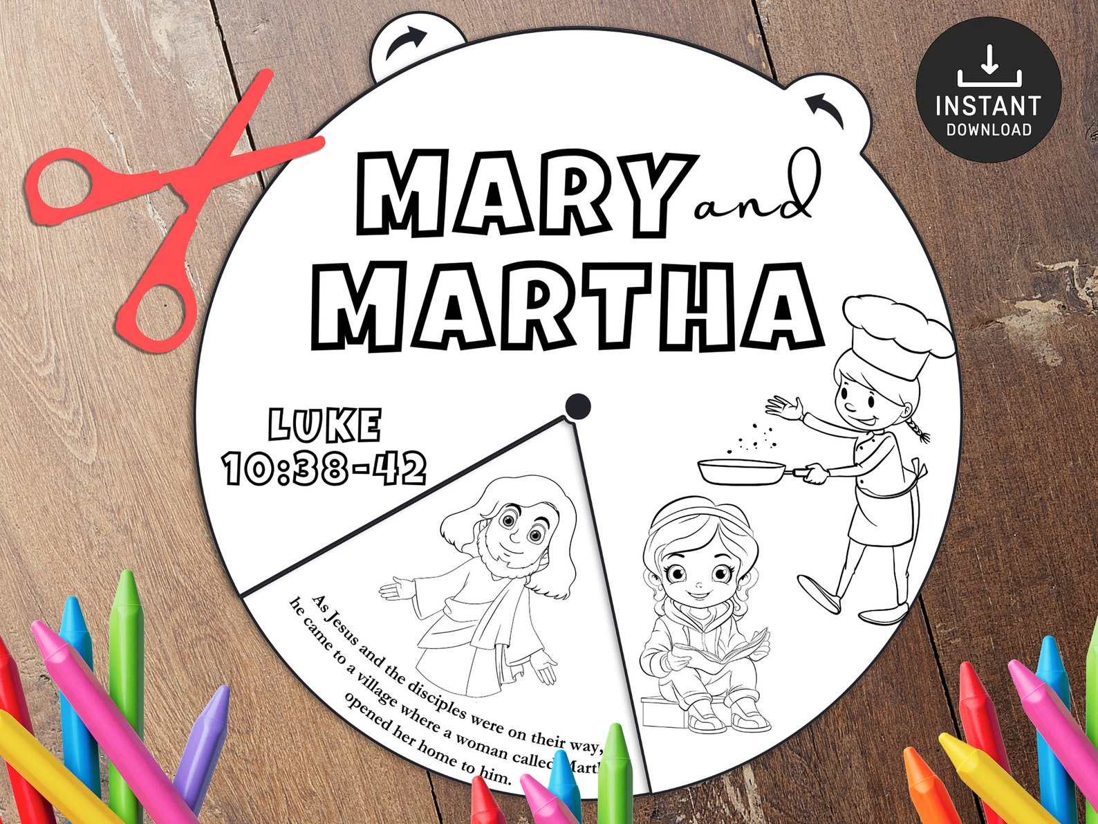 Mary and Martha With Jesus Coloring Wheel, Printable Bible Activity ...