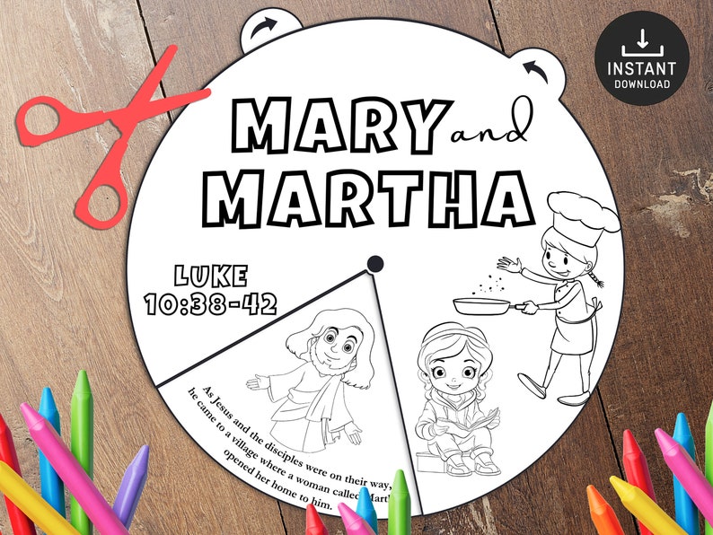 Mary and Martha With Jesus Coloring Wheel, Printable Bible Activity ...