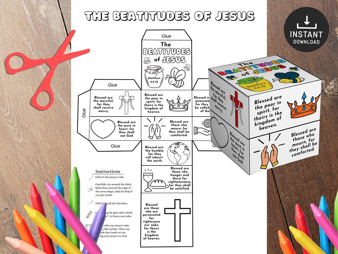 Beatitudes Coloring Cube, Printable Bible Verse Activity, Watercolor ...