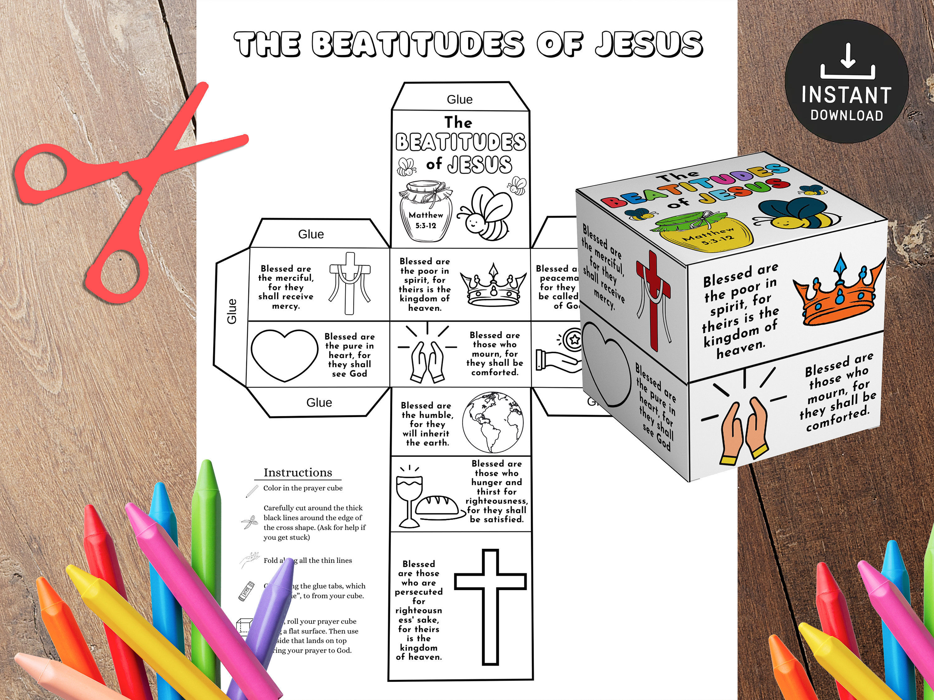Beatitudes Coloring Cube, Printable Bible Verse Activity, Watercolor ...