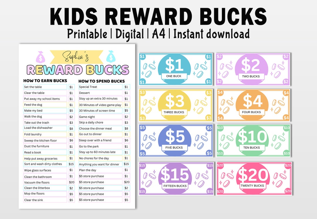 Kids Reward Bucks Printable, Kids Reward Coupons, Chore Bucks ...