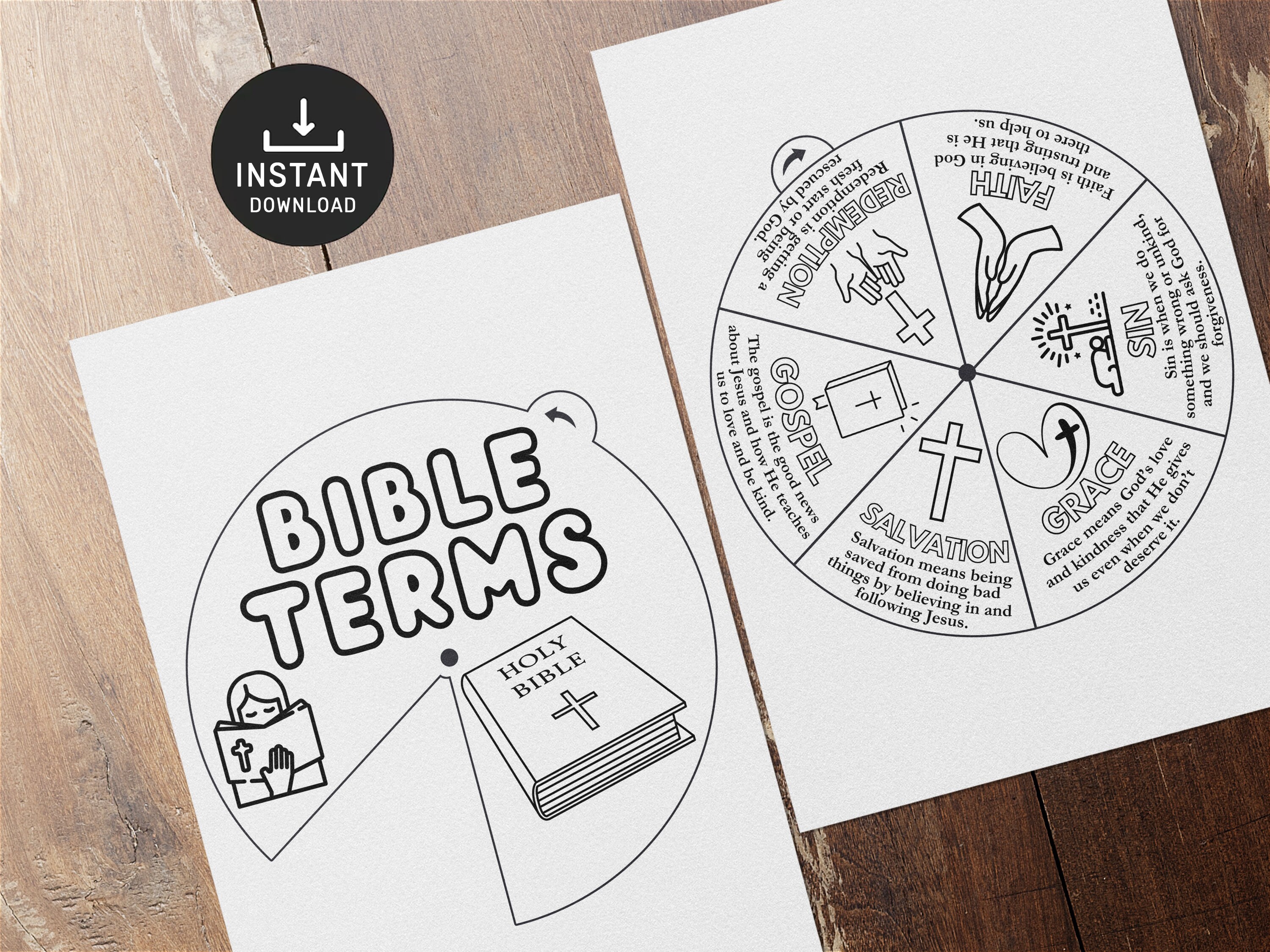 Bible Terms Coloring Wheel, Bible Activity, Memory Game, Kids Bible ...