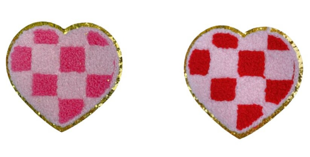 Iron on Checkered Heart Chenille Patches Pink Checkered Heart Patch Red ...
