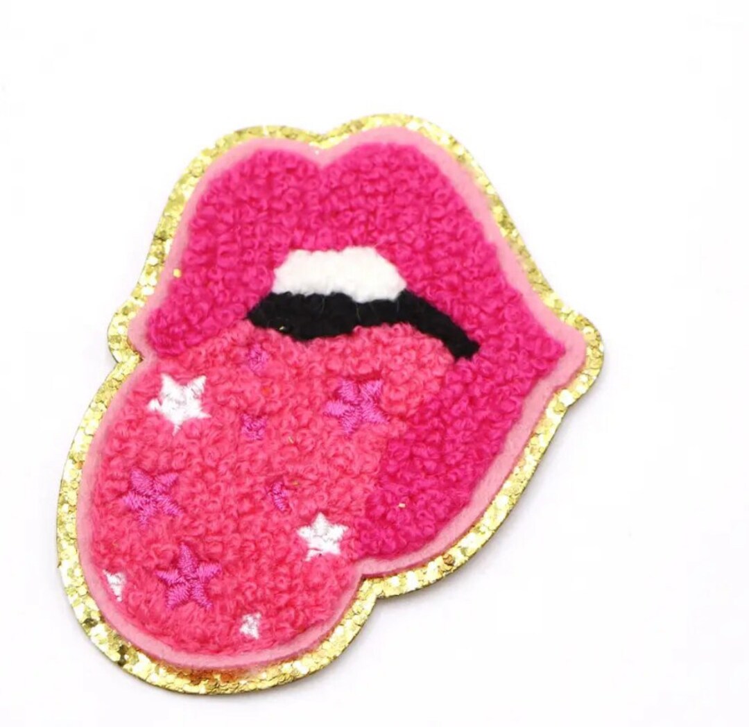 Lips Iron on Chenille Patch Mouth Tongue Stars Patch With Gold Glitter Edging Embroidered Lip ...