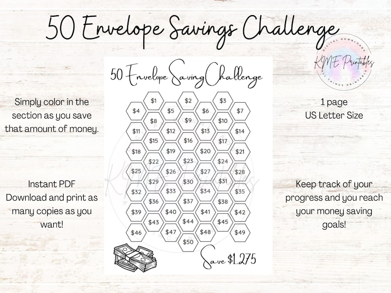 50 Envelope Savings Challenge, Printable Savings Tracker, Instant ...