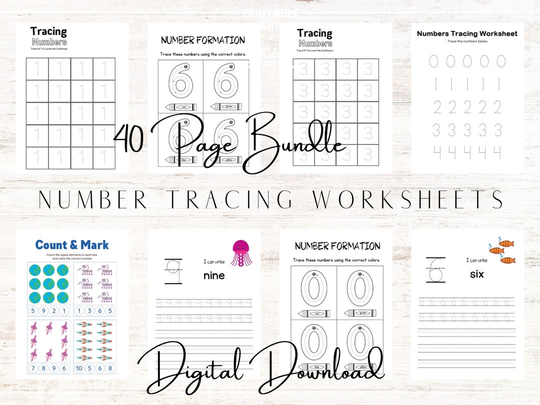 Number Tracing Worksheet Bundle, 40 Pages, Printable Worksheets ...