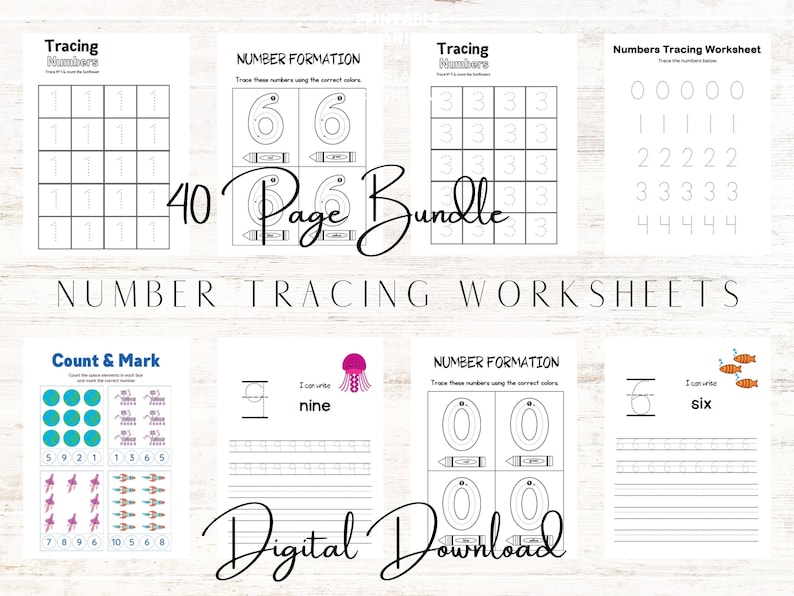 Number Tracing Worksheet Bundle, 40 Pages, Printable Worksheets ...