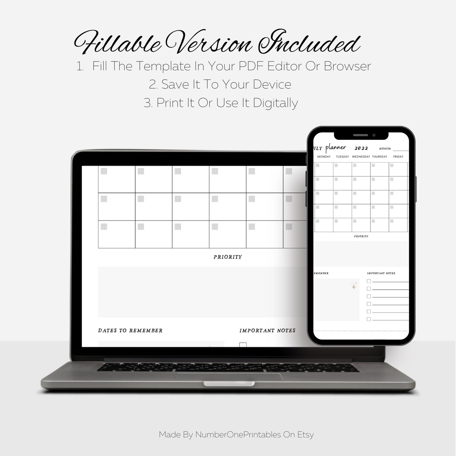 Minimal Monthly Planner Printable, Undated Monthly Calendar ...