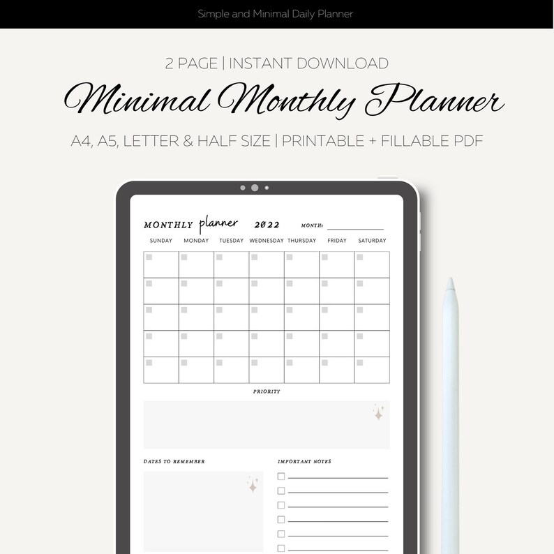 Minimal Monthly Planner Printable, Undated Monthly Calendar ...