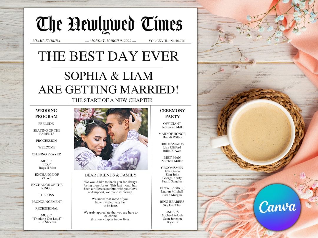 Unique Wedding Program Timeline Save the Date Newspaper Template With ...