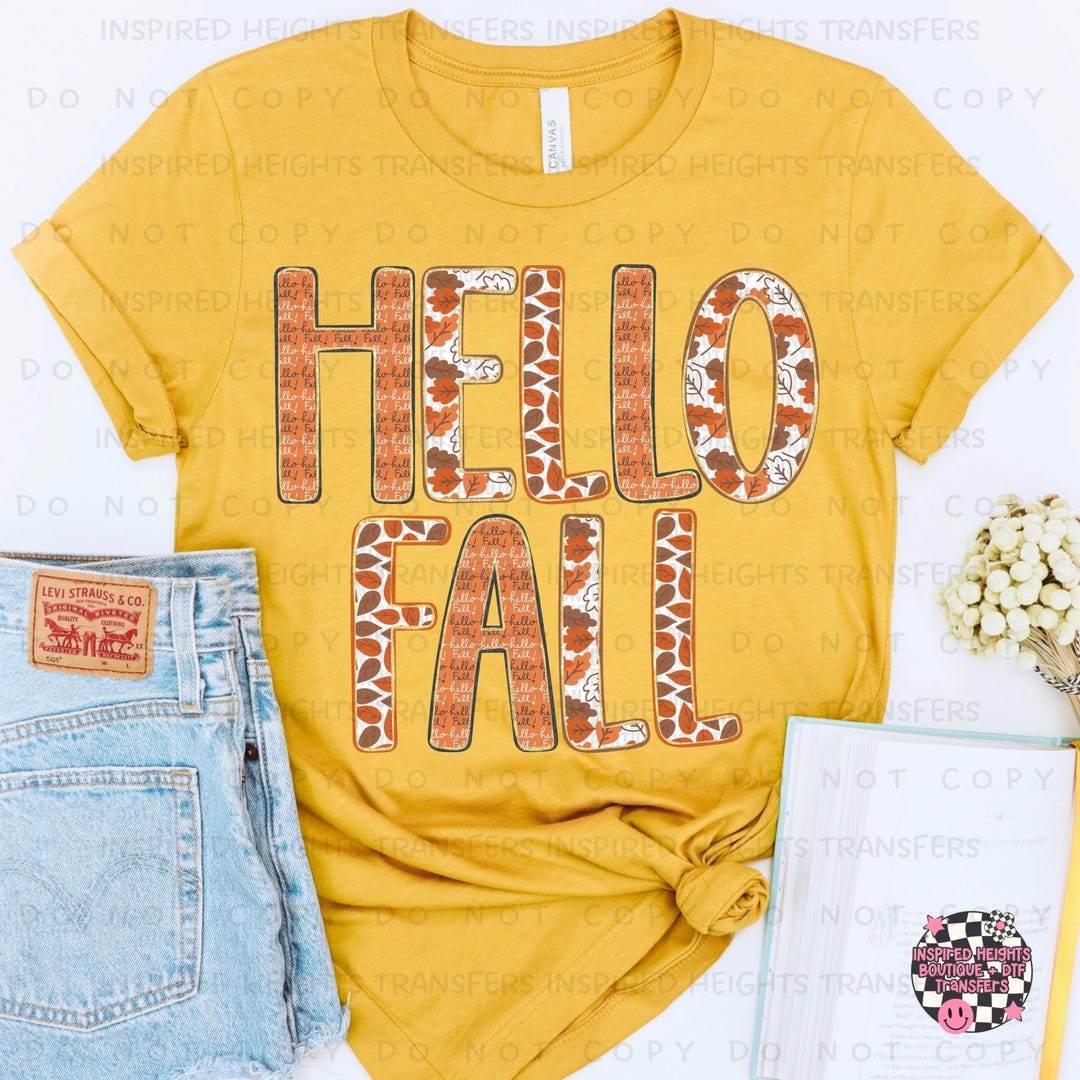 Hello Fall DTF Transfer Ready to Press Printautumn Leaves Doodle Lettersdirect to Film Heat ...