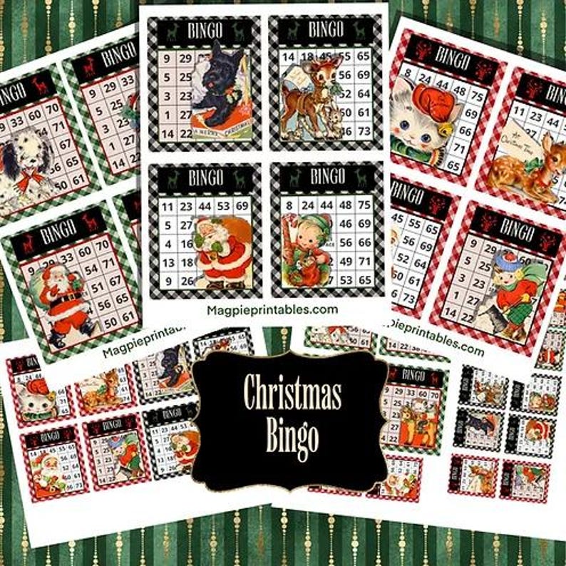 Vintage Christmas Bingo Cards | Retro Red & Green Holiday Ephemera for ...