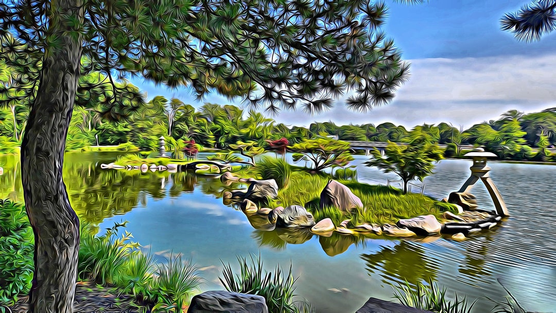 View of a Japanese Pond Garden Stylized Image - Etsy