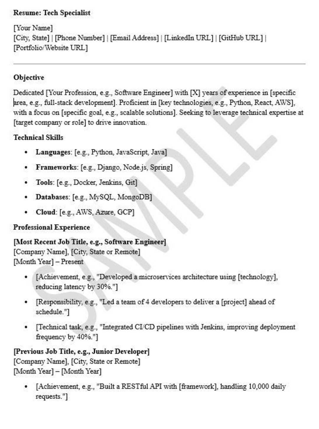Ats-friendly CV Resume Template for Tech Specialist - Etsy