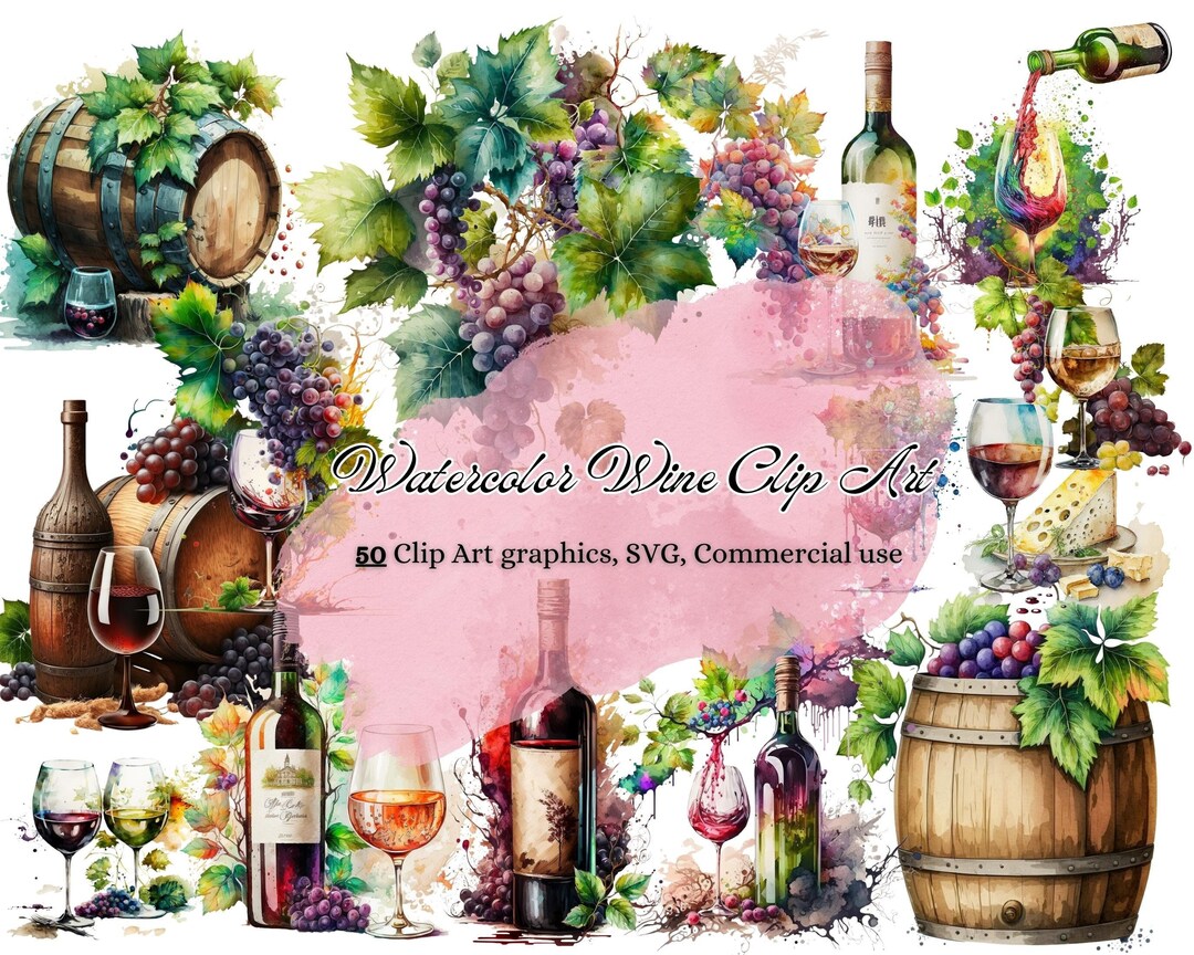 50 Watercolor Clip Art Images Featuring Wine Bottles, Glasses, and ...