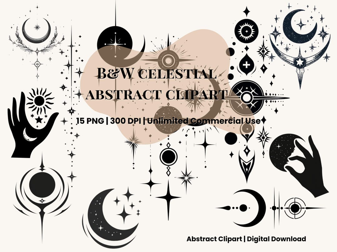 Boho Celestial Abstract Clipart, Moon and Stars PNG, Mystical Clipart ...