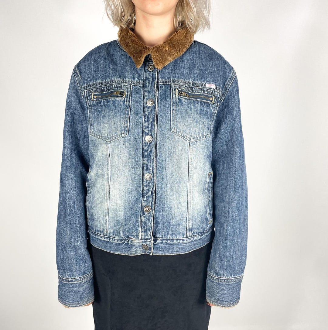 Denim Lined Y2K Furry Winter Warm Jacket With Faux Fur Collar, Size ...