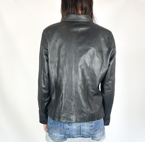 Black Genuine Leather Jacket Boxes Simple Y2K - Gem