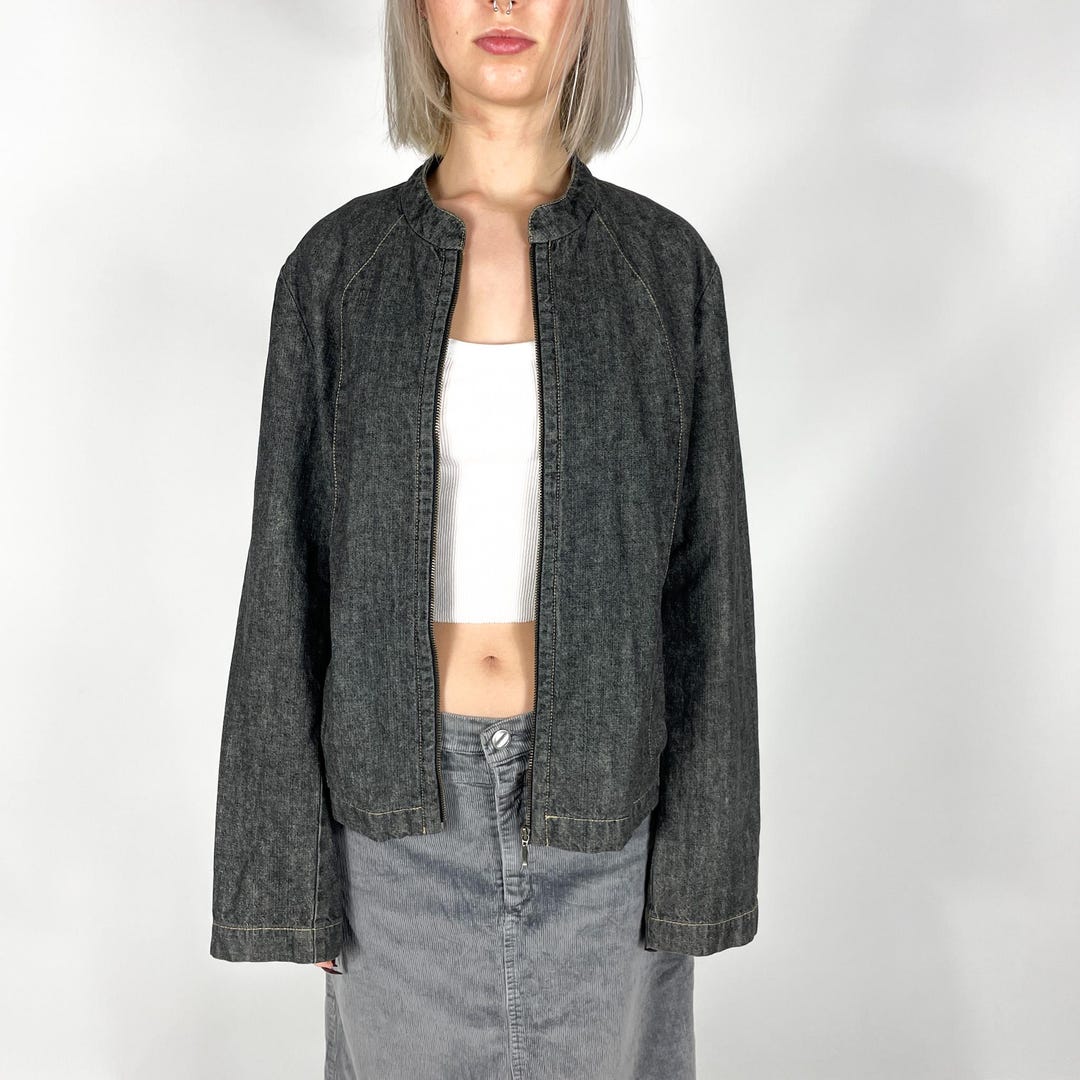 Vintage Dark Gray Denim Jacket Women's, Minimalist Zipper Front Y2K ...