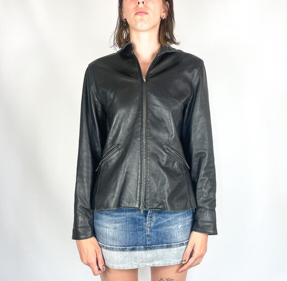 Black Genuine Leather Jacket Boxes Simple Y2K - Gem