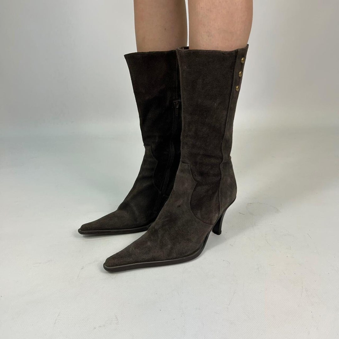 Brown Suede Ankle Preloved Y2K Boots With Side Details - Etsy