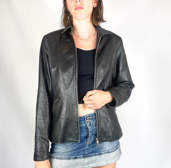 Black Genuine Leather Jacket Boxes Simple Y2K - Gem