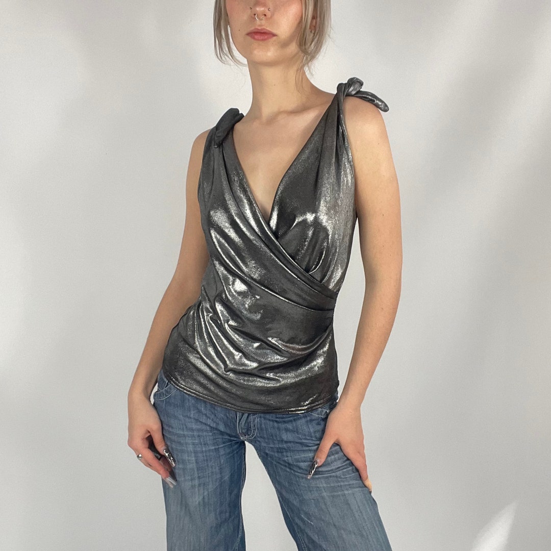 Y2K Silver Shiny Preloved Top - Etsy New Zealand