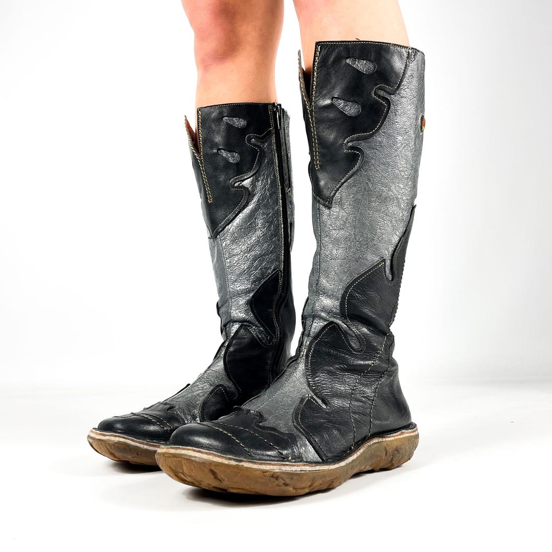 Vintage Eject Black and Silver Leather Funky Cowboy Knee-high Y2K Boots ...