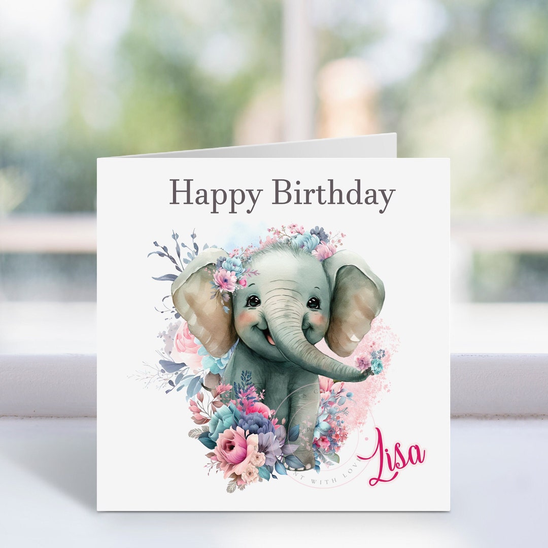 Elephant Birthday Card, Personalised Elephant Greetings Card, Cute ...