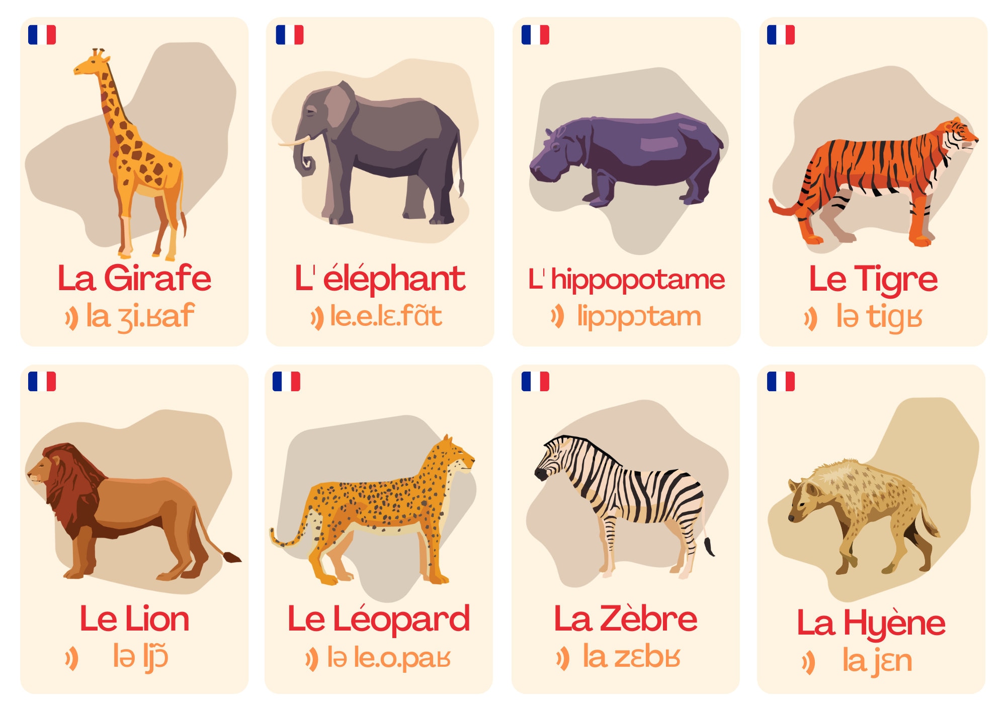 24 Printable Savannah Animals Flashcards in French - Educational ...