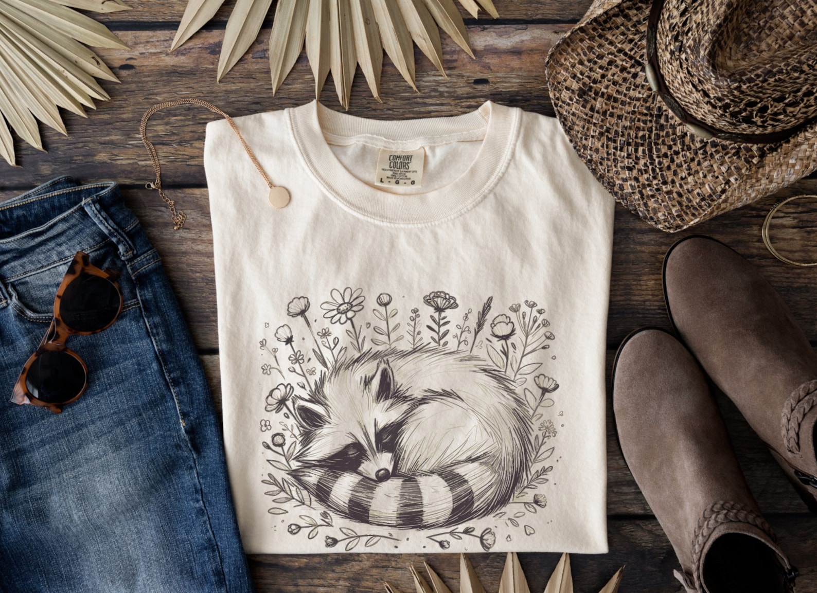 Raccoon Sleeping Shirt, Cute Animal T-shirt, Flower Graphic Tee ...
