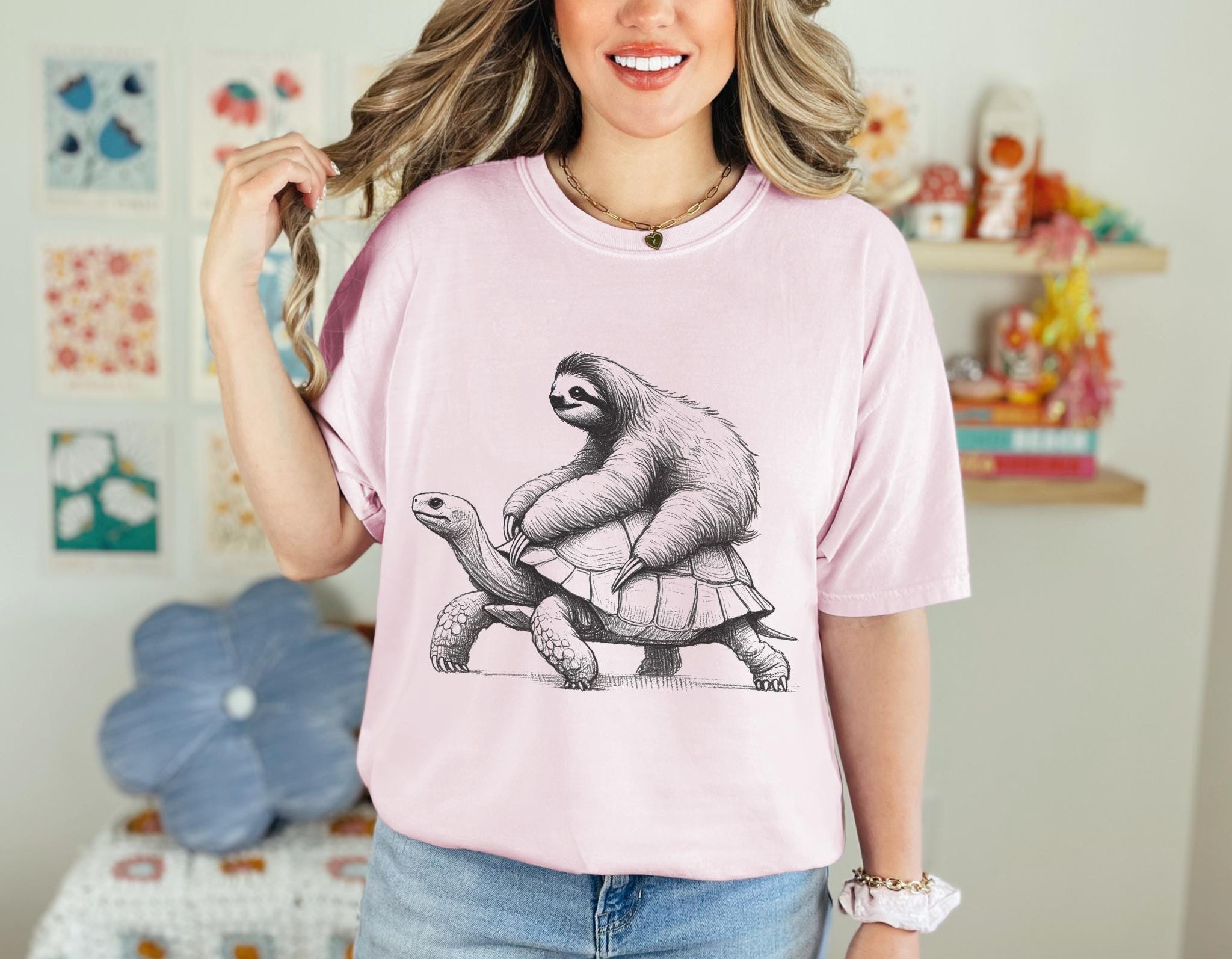 Comfort Colors Cute Sloth Riding Turtle Tshirt Cute Animal Graphic Tee ...