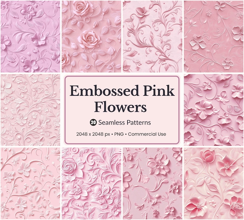 Embossed Pink Floral Seamless Patterns | 20 Elegant 3D Flower Textures ...