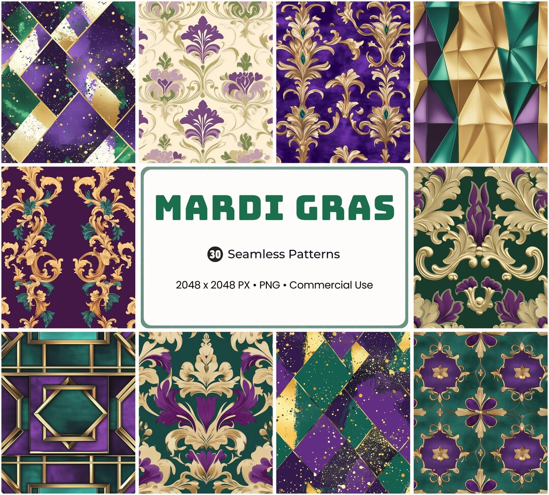 30 Mardi Gras Seamless Patterns PNG | Purple Green Gold Baroque ...