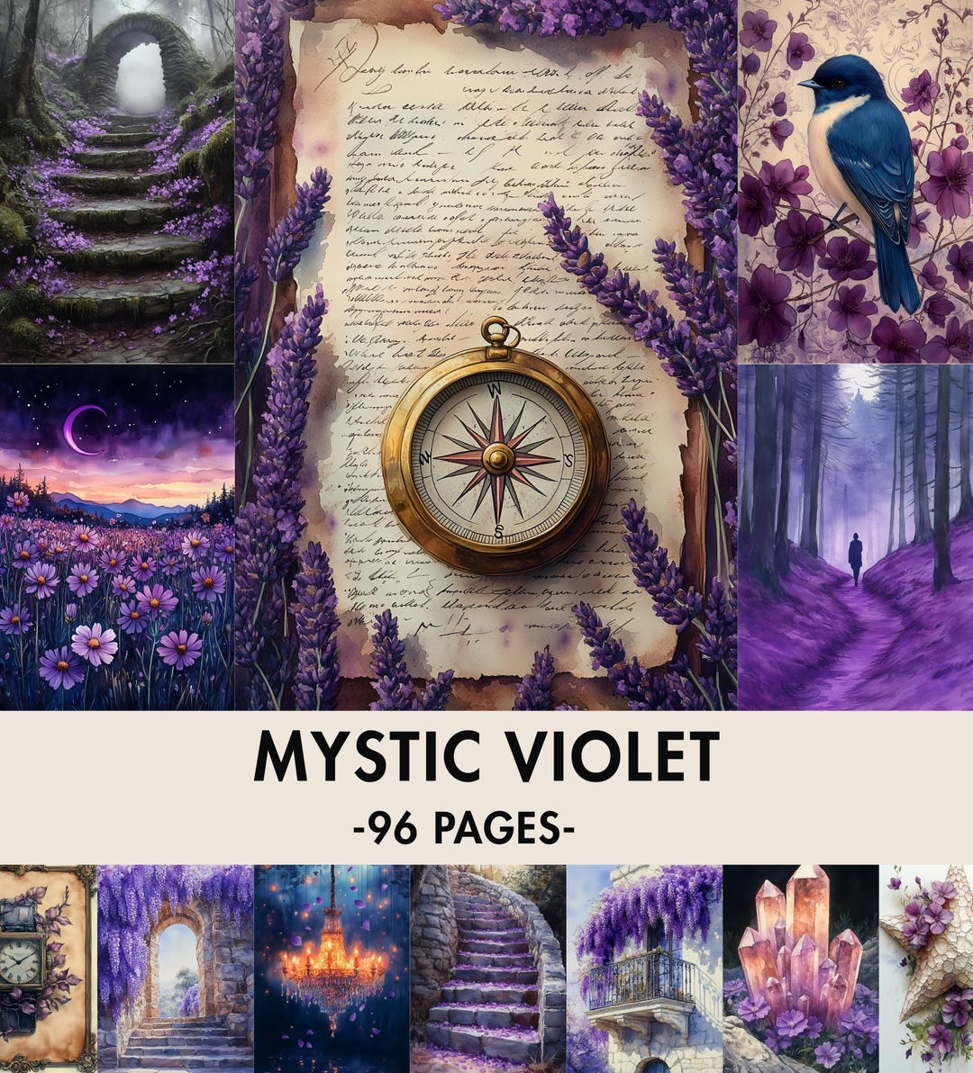 Mystic Violet Junk Journal Kit: Watercolor Digital Paper, Celestial ...