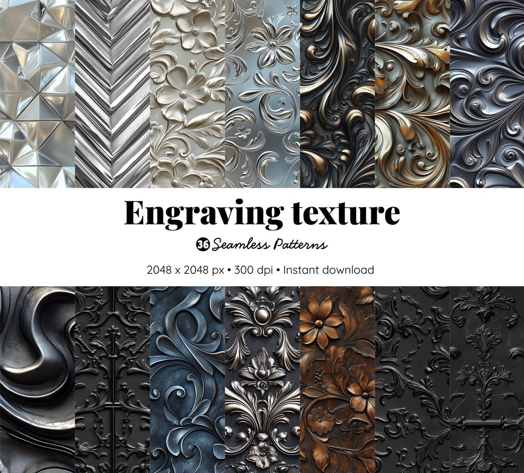 Engraved Texture Seamless Pattern Bundle | 36 Ornamental Metal Relief ...