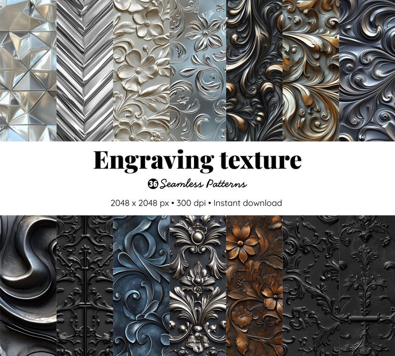 Engraved Texture Seamless Pattern Bundle | 36 Ornamental Metal Relief ...