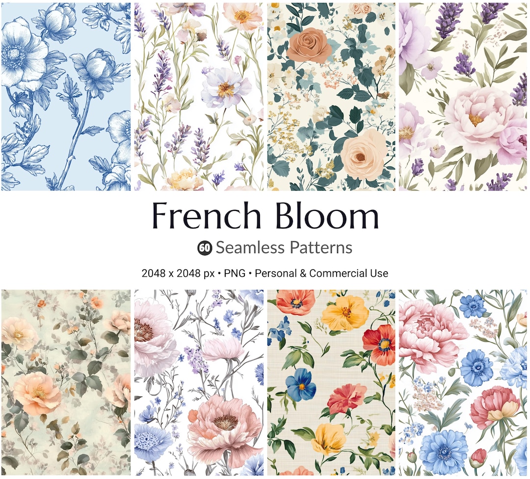 French Bloom Floral Seamless Pattern Bundle | 60 Vintage Watercolor ...