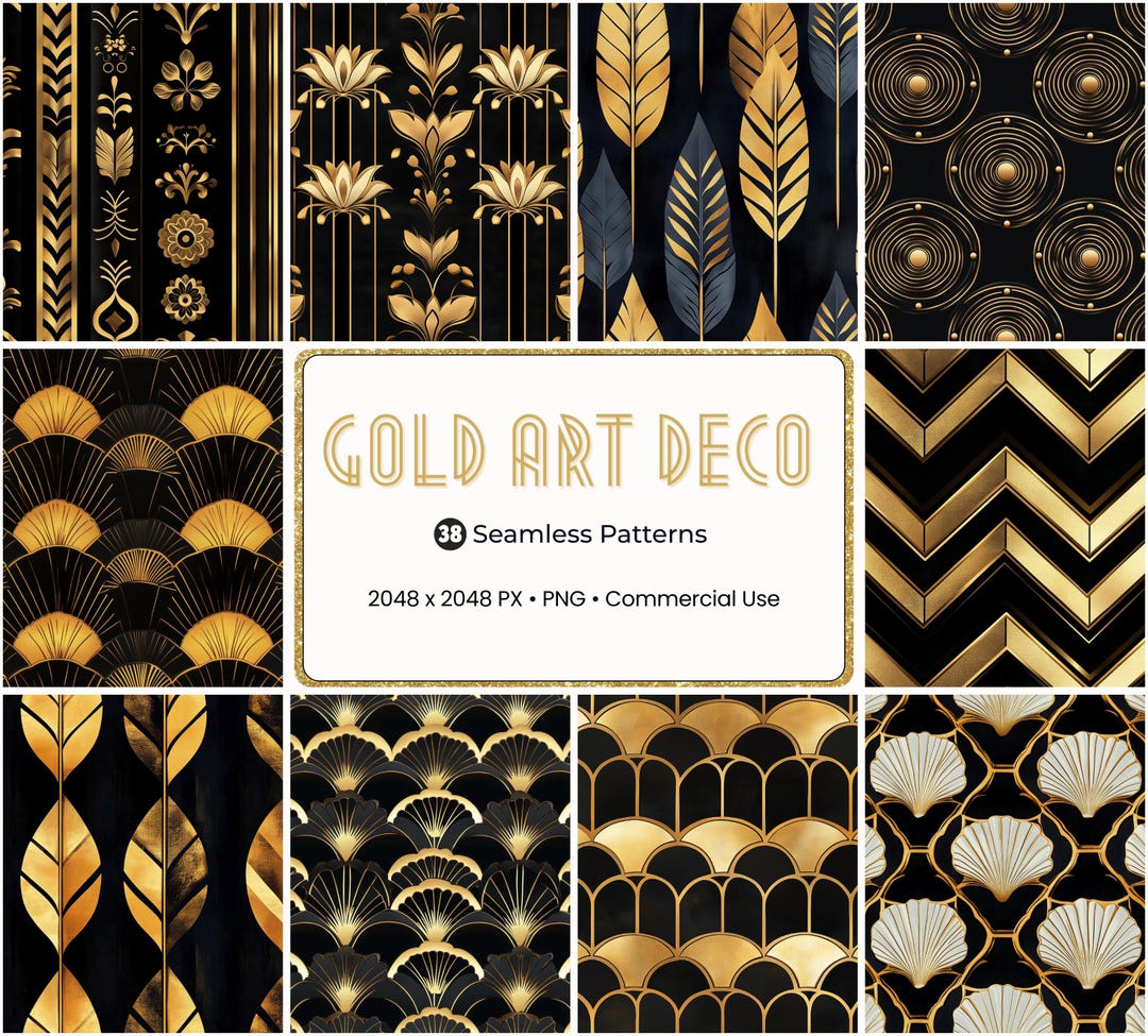 38 Gold Art Deco Seamless Patterns PNG, Black & Gold Geometric Digital ...