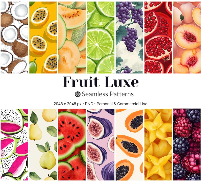 Fruit Seamless Pattern Bundle: Tropical Watercolor Digital Papers (PNG ...