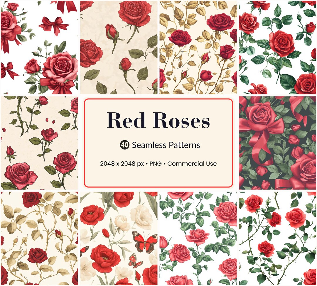 Red Rose Seamless Patterns: Vintage Floral PNG Backgrounds (commercial ...