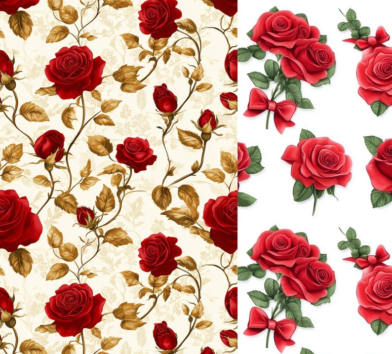 Red Rose Seamless Patterns: Vintage Floral PNG Backgrounds (commercial ...