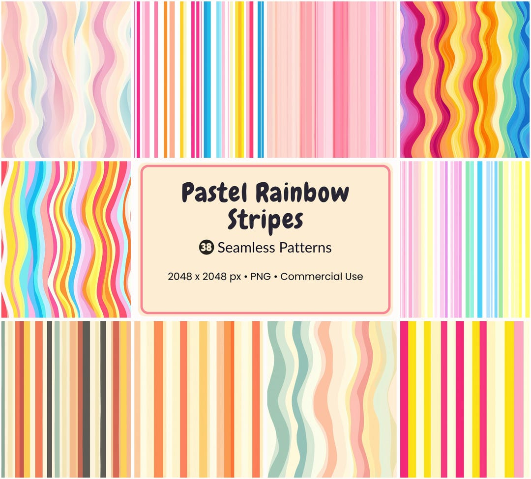 38 Pastel Rainbow Stripes Seamless Digital Paper, Colorful Wavy Line ...